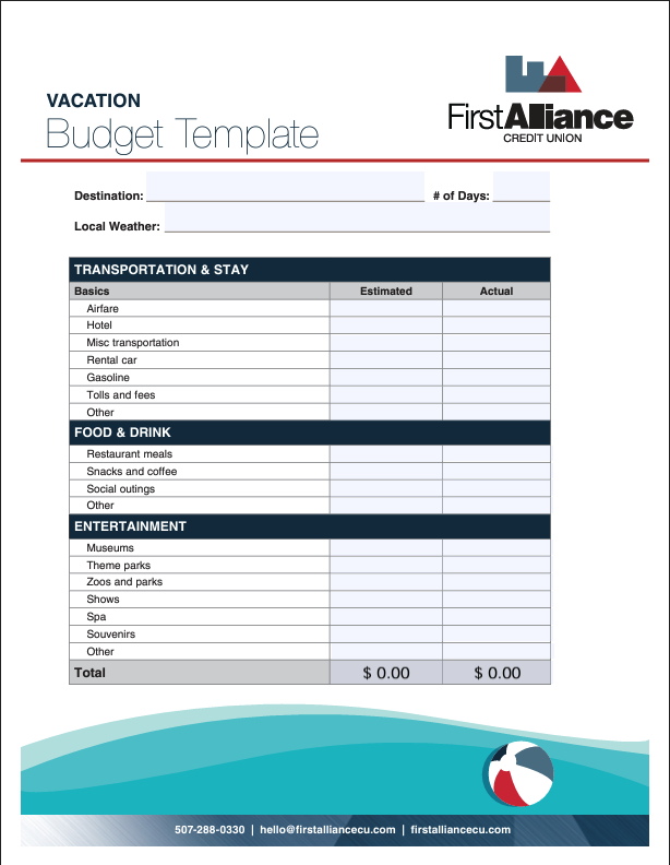 Vacation Budget Worksheet Download | First Alliance Credit Union
